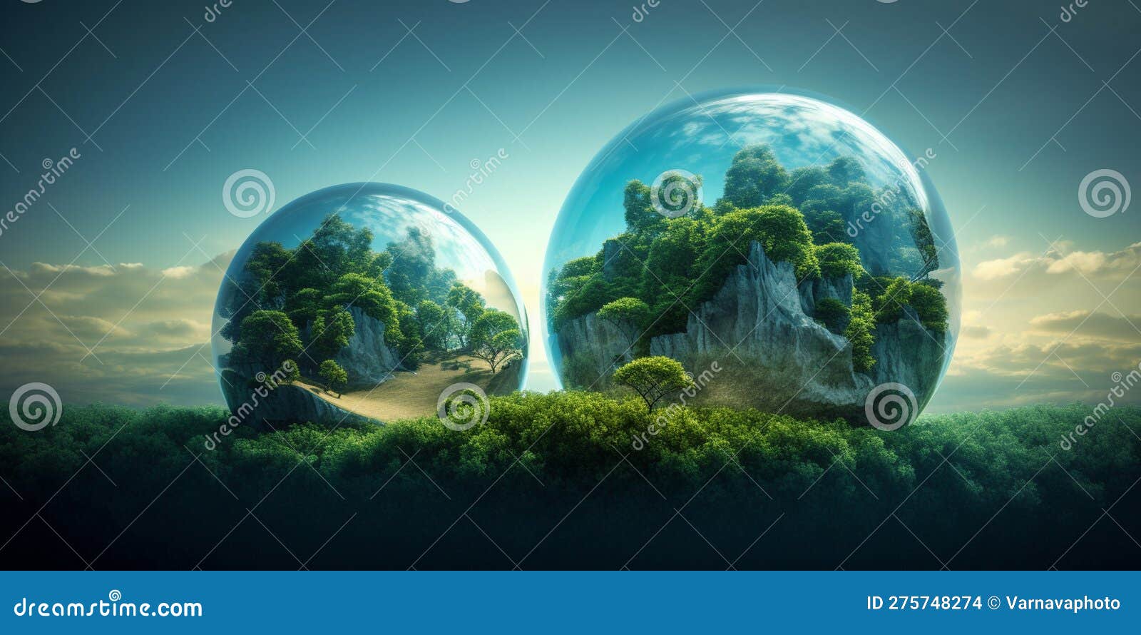 Abstract Transparent Spheres with Mountains and Forests Inside. Picture ...