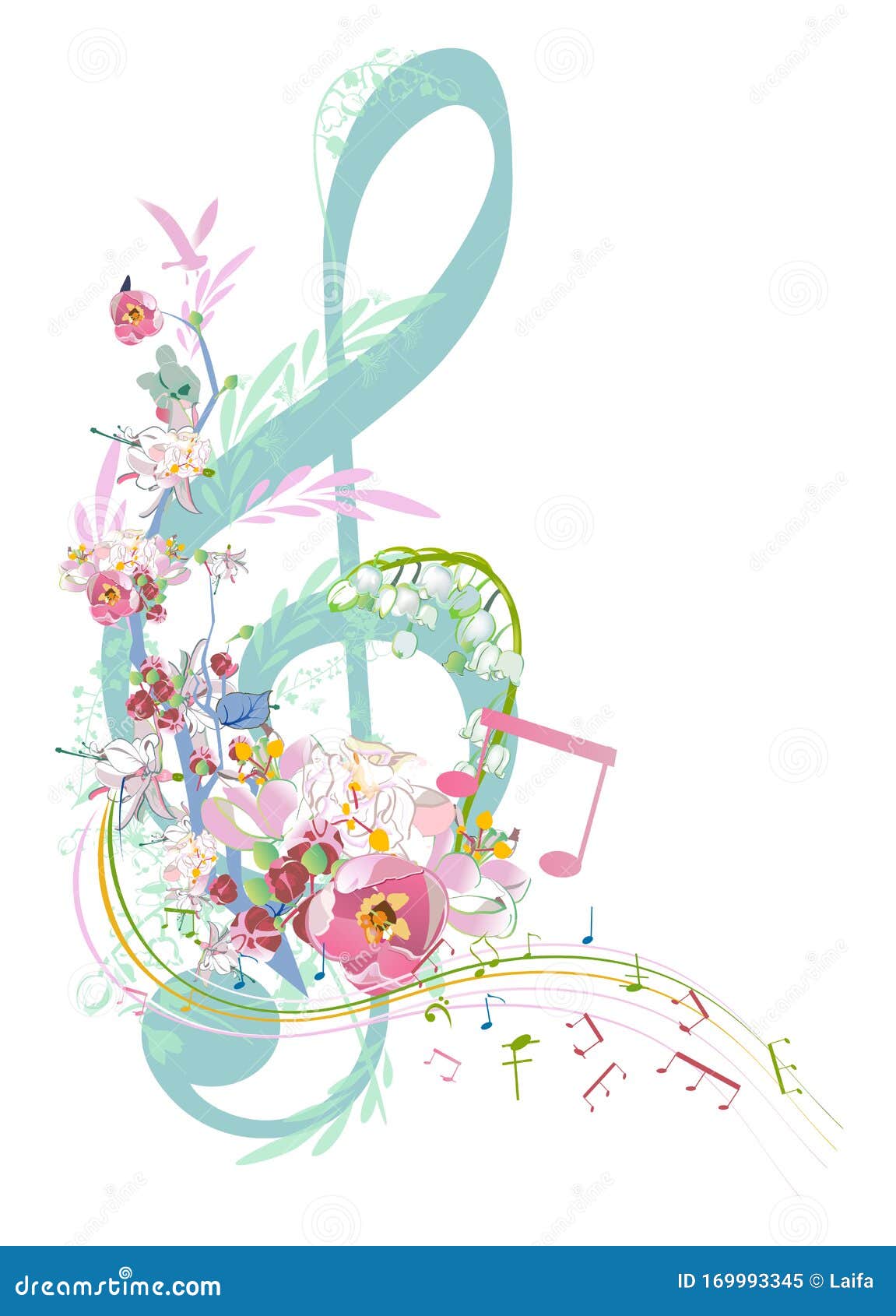 Abstract Treble Clef Decorated with Summer and Spring Flowers, Notes ...