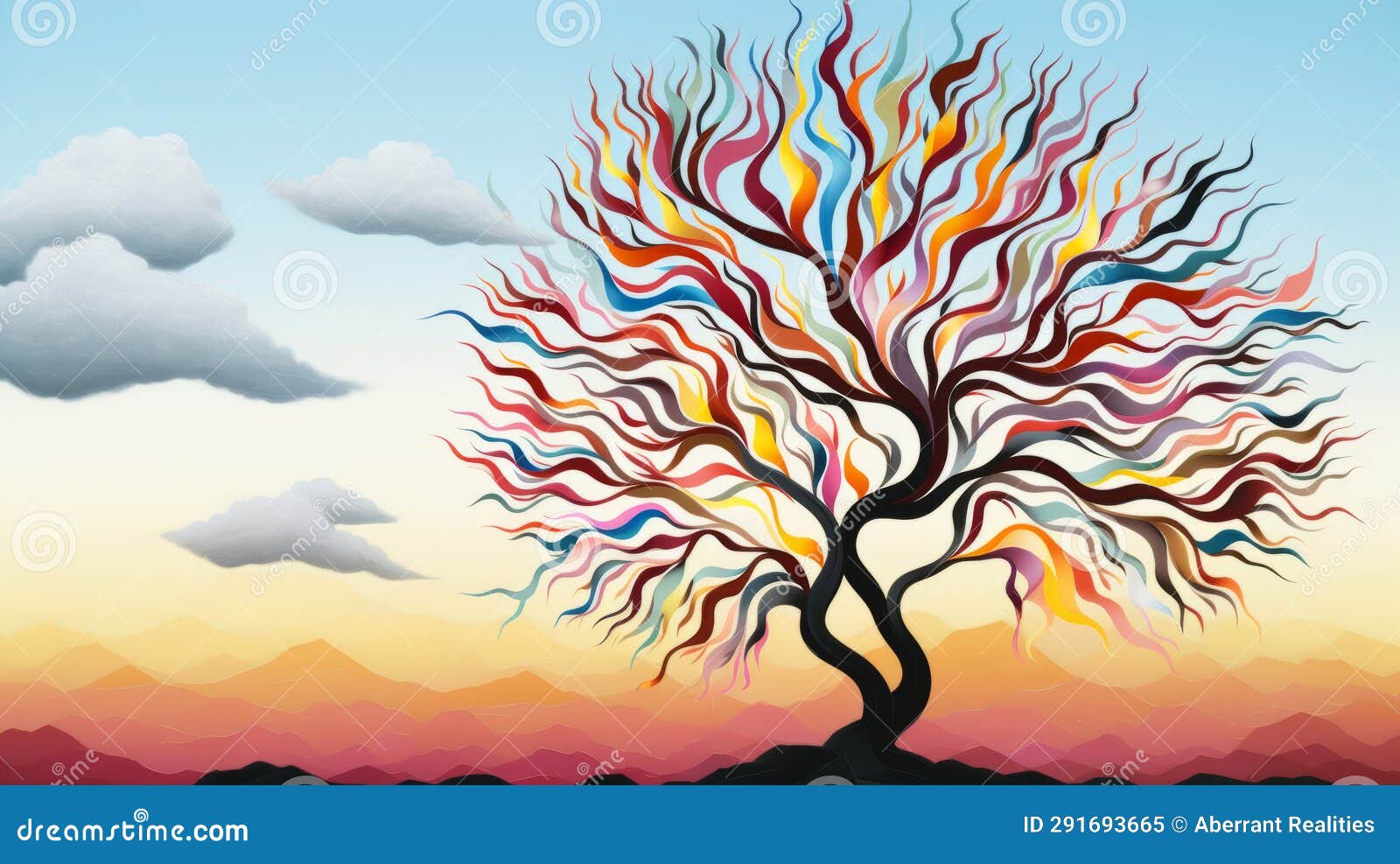 An Abstract Tree with Colorful Branches and Clouds in the Background ...