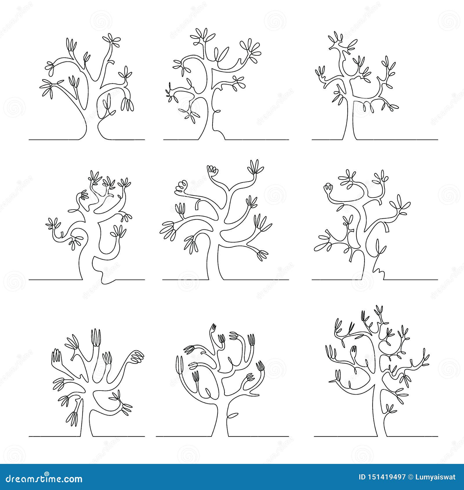 Abstract Tree Continuous Line Vector Set Stock Vector - Illustration of ...