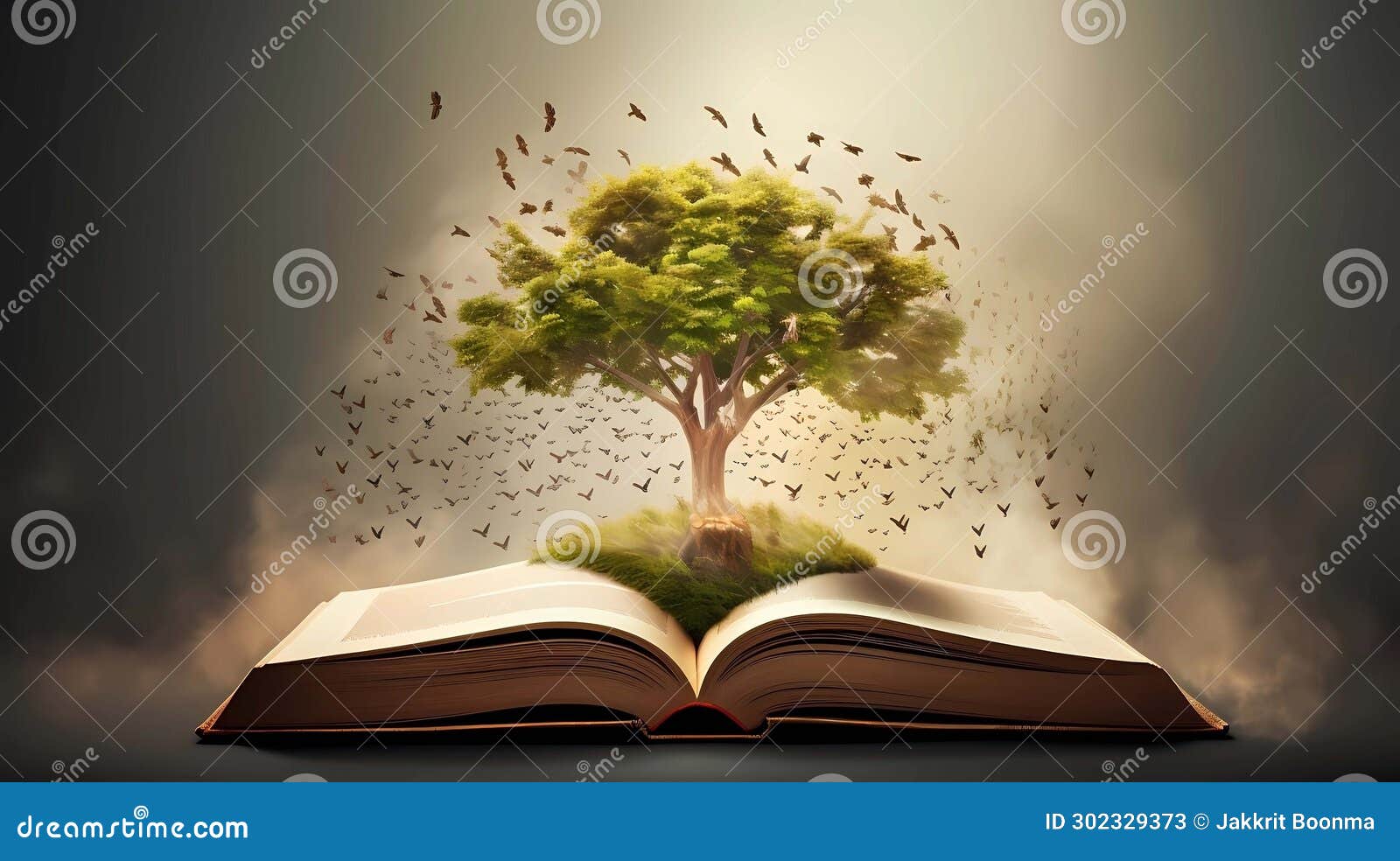 Abstract Tree Growing Out of an Open Book with Birds Flying in the ...