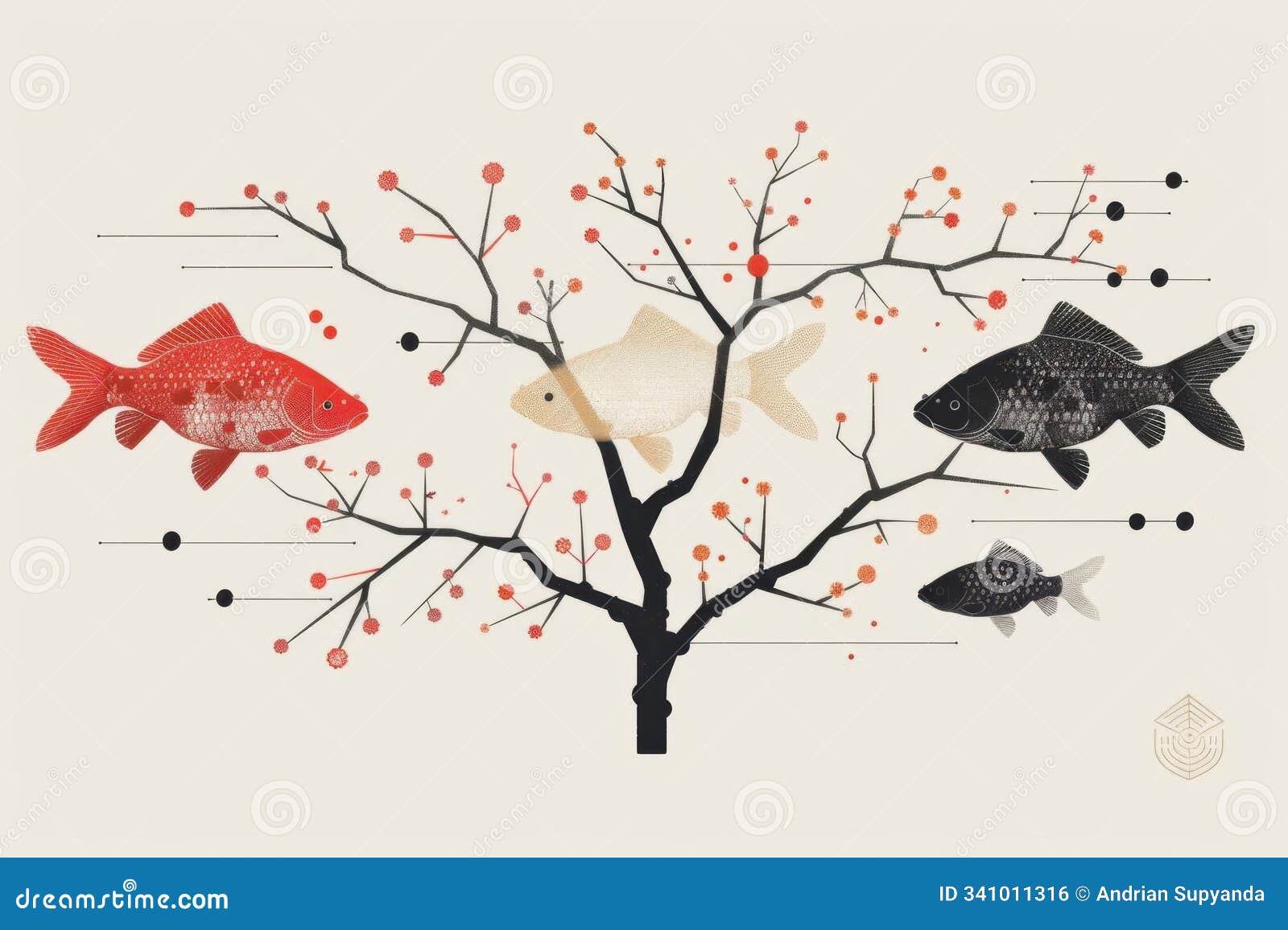 Abstract Tree with Koi Fish Stock Illustration - Illustration of floral ...