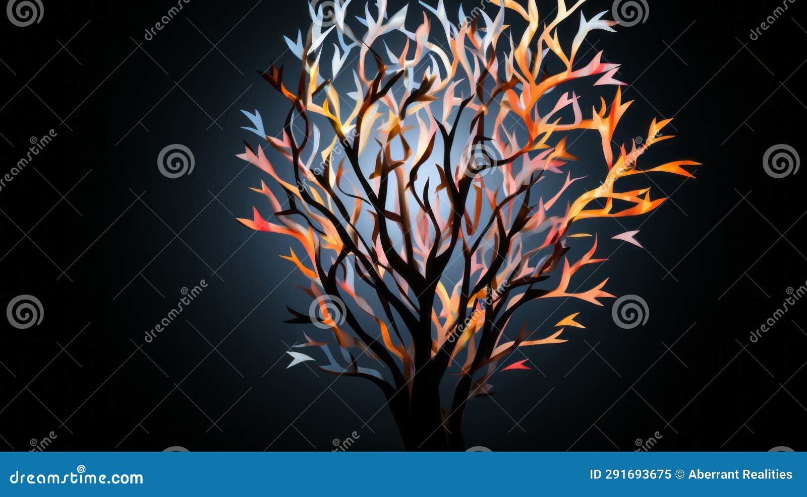 An Abstract Tree with Leaves and Branches on a Black Background Stock ...