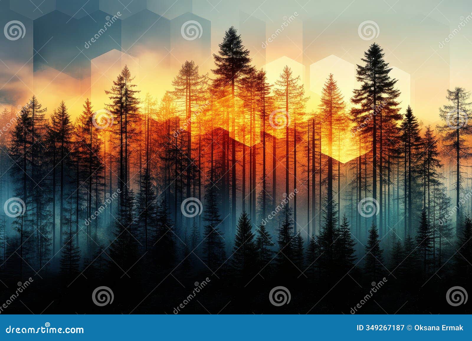 Abstract Tree Patterns Combined with Hexagonal Grid Overlays Blend ...