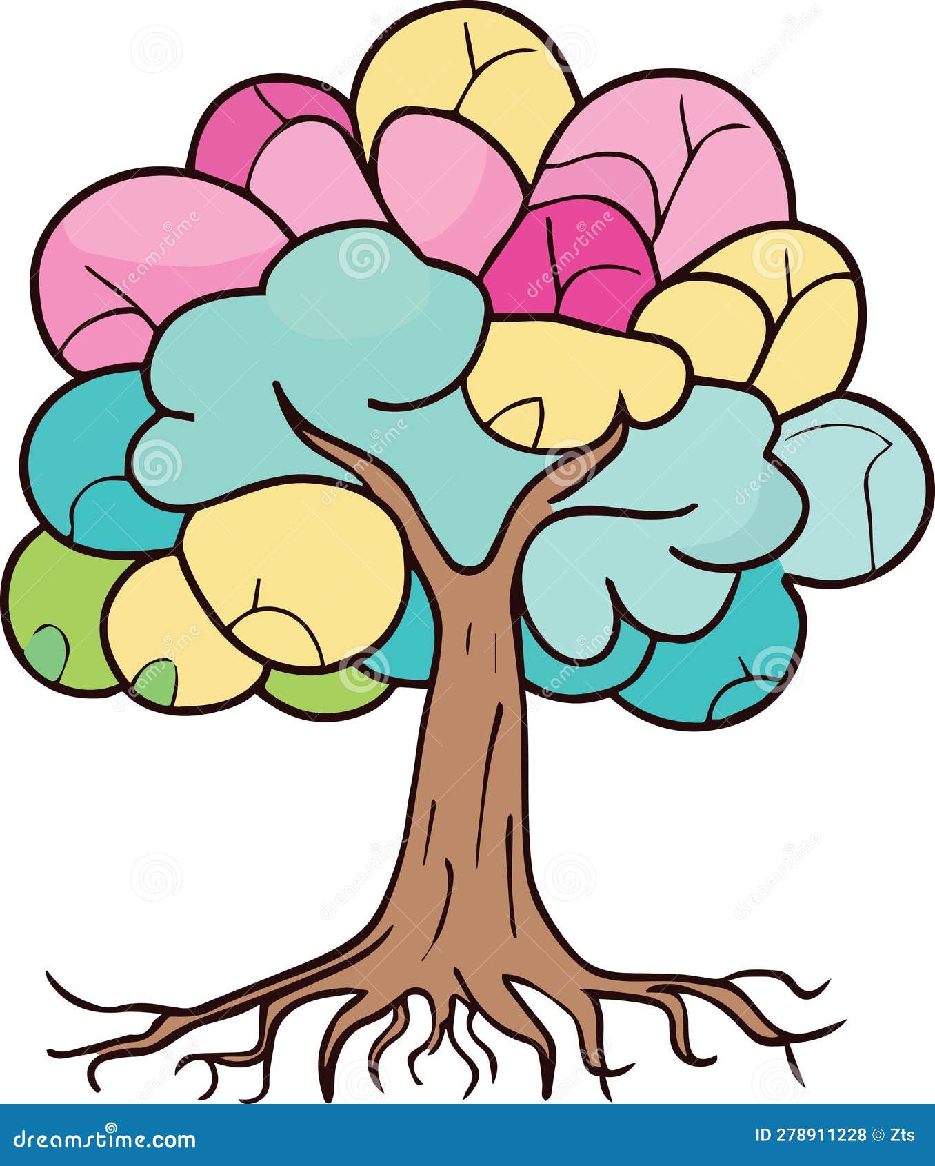 Abstract Tree with Roots and Colorful Leaves. Isolated on White ...