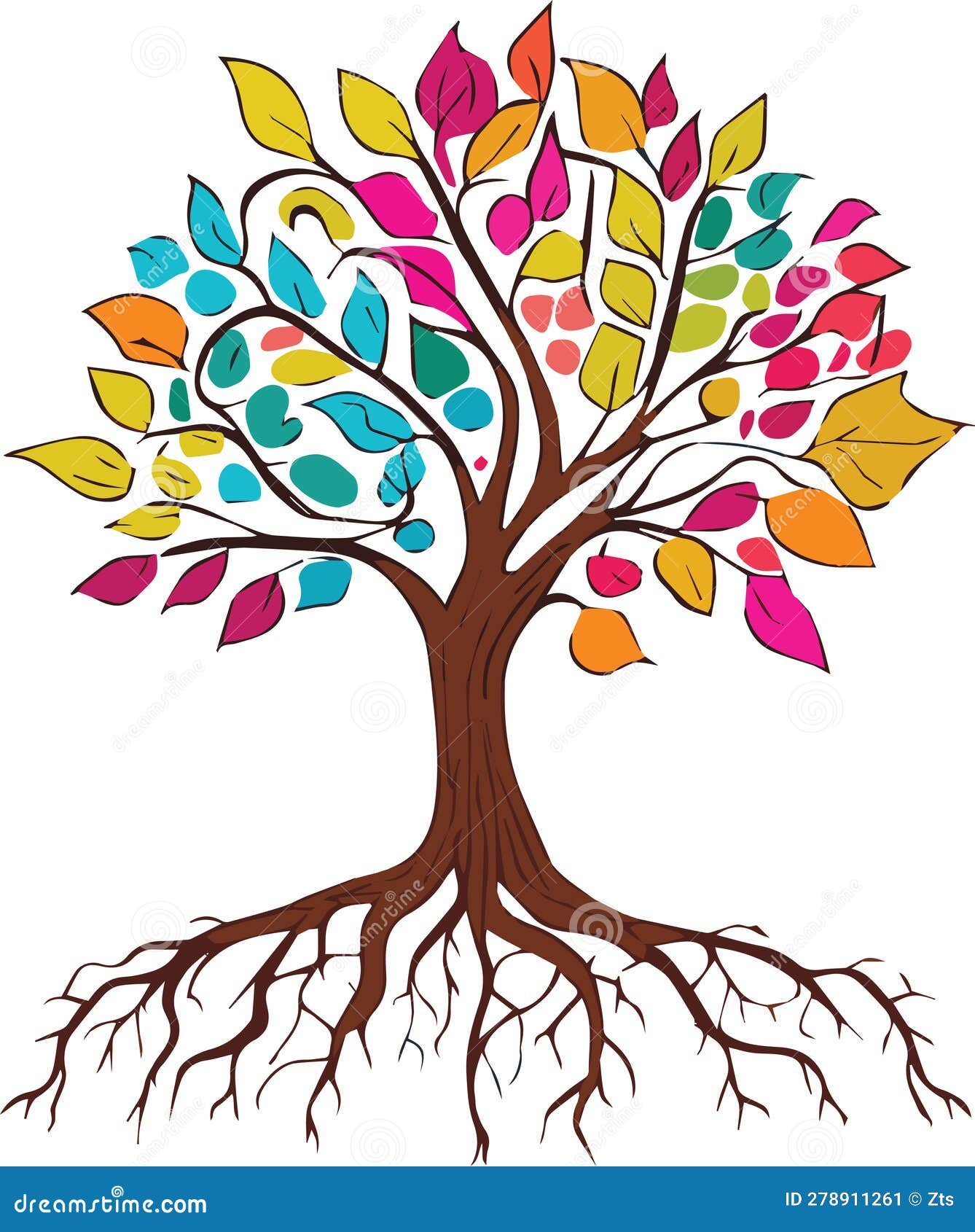 Abstract Tree with Roots and Colorful Leaves. Isolated on White ...