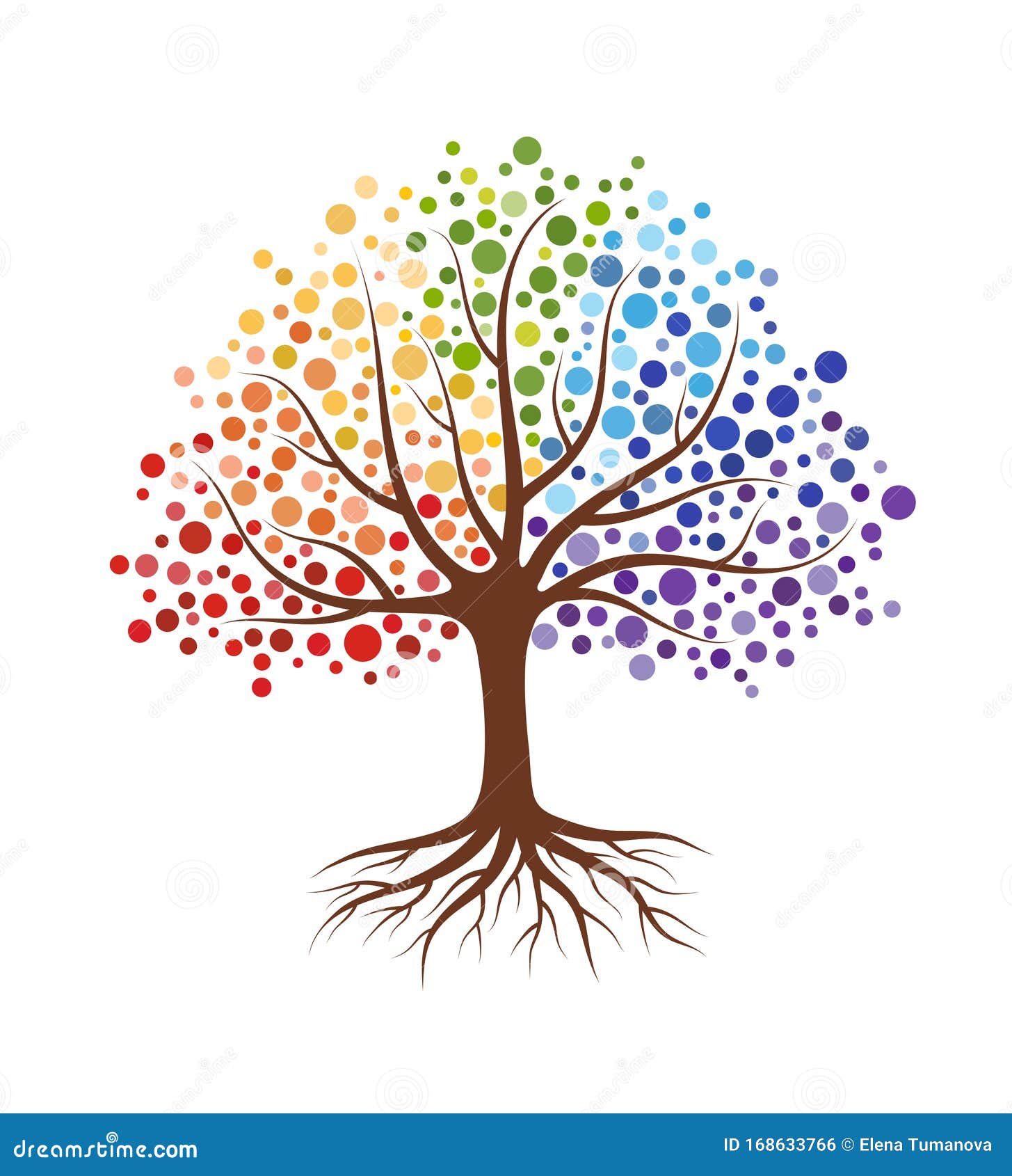 Abstract Tree with Roots and Colorful Round Leaves. Isolated on White ... Abstract Tree with Roots and Colorful Round Leaves. Isolated on White ...