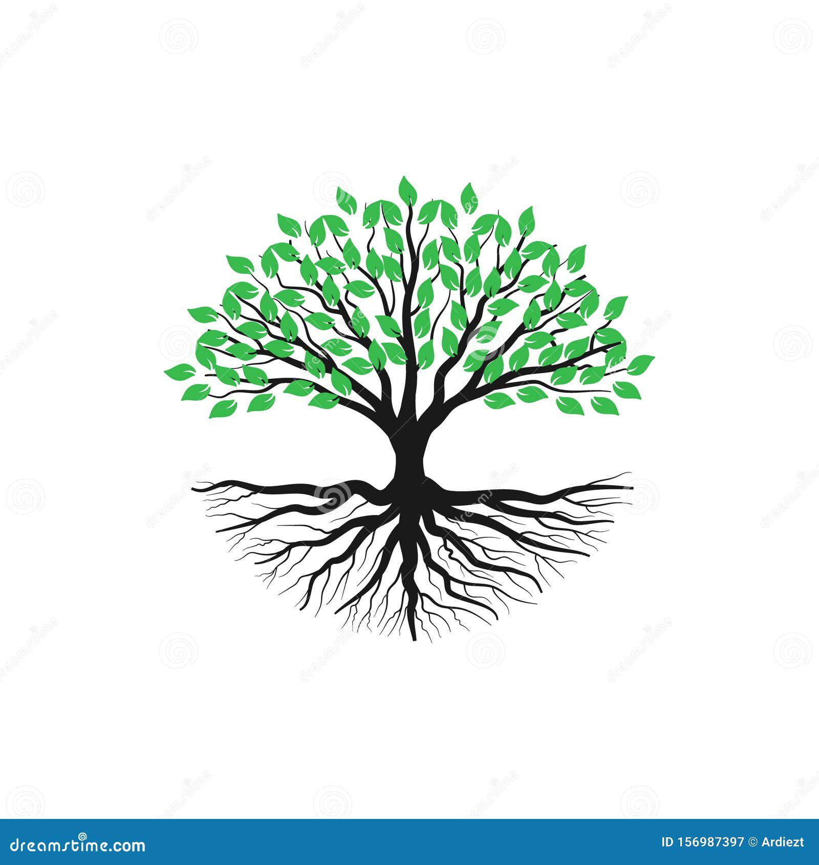 Abstract Tree with Roots and Green Leaves Stock Vector - Illustration ...