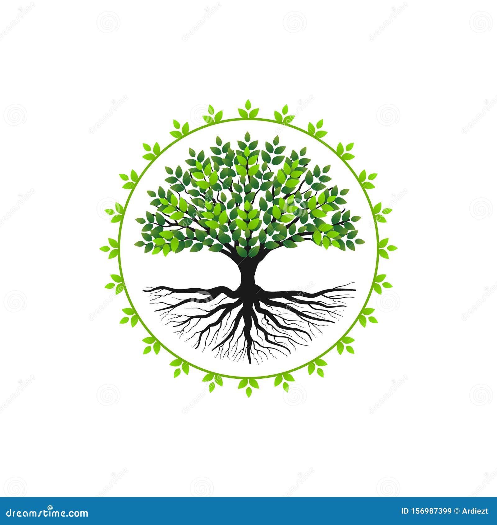 Abstract Tree with Roots and Green Leaves. Tree with Round Shape Vector ...