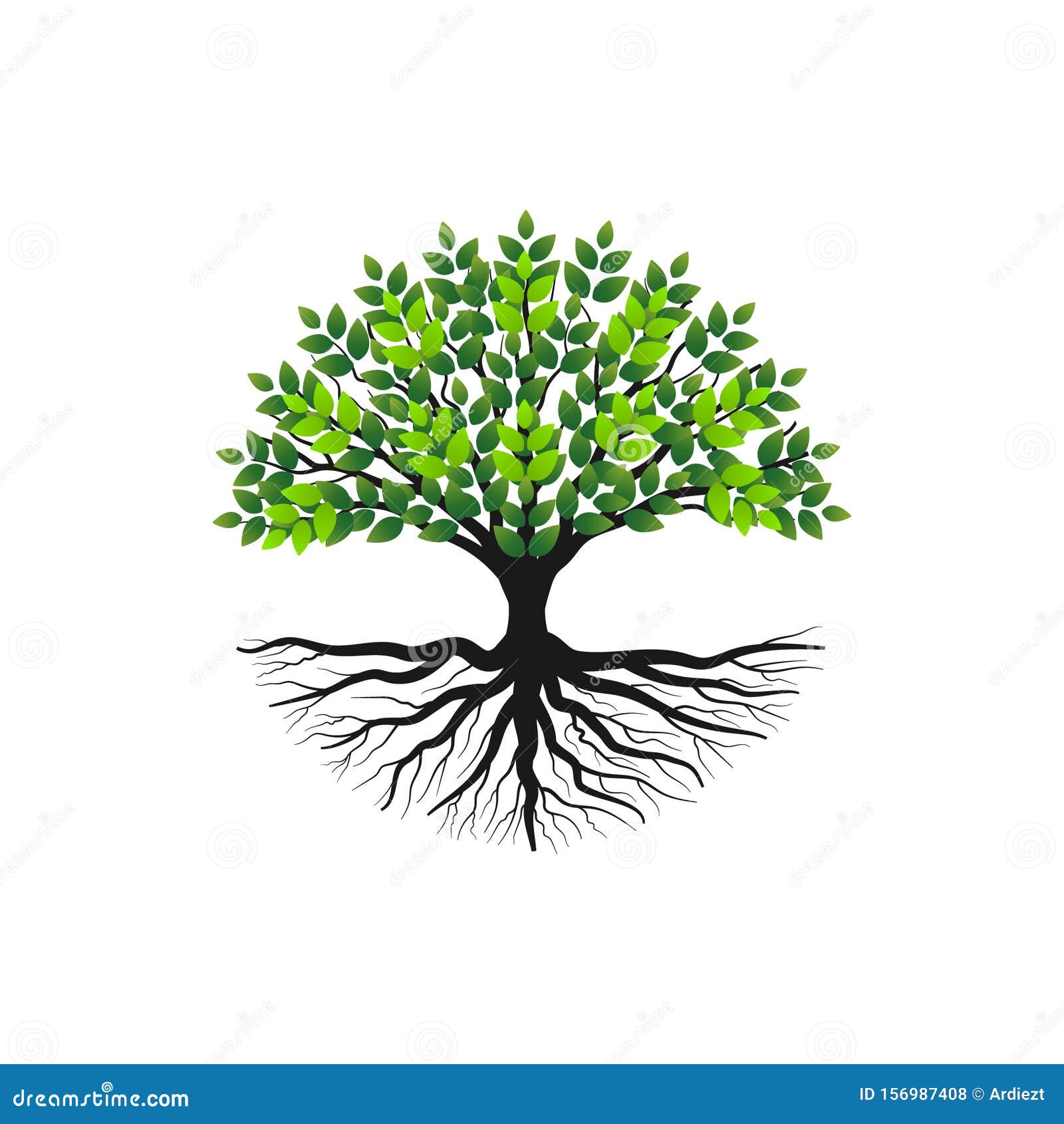 Abstract Tree with Roots and Green Leaves. Tree with Round Shape Vector ...