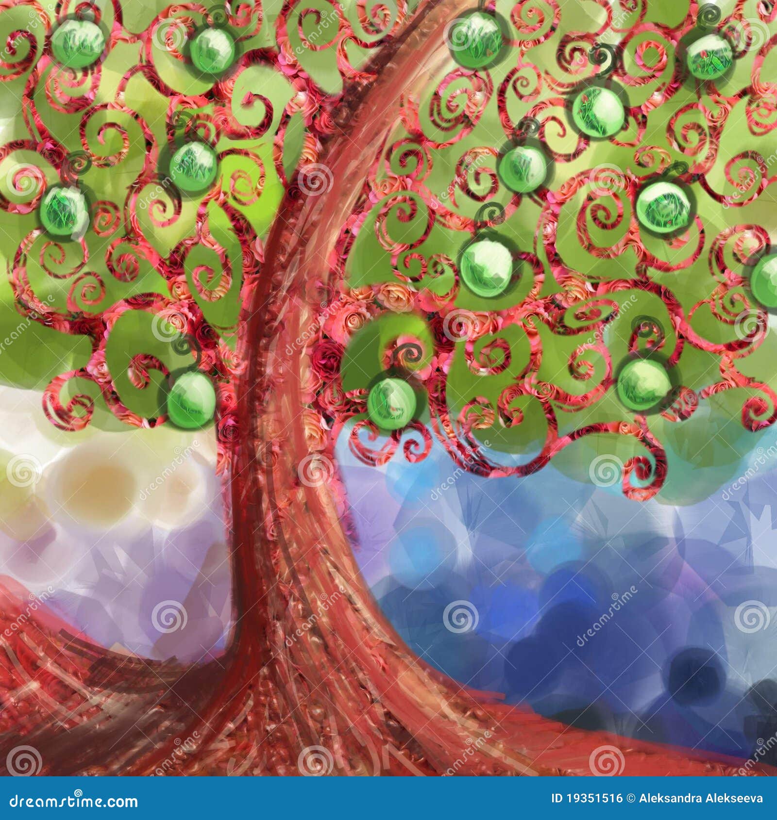 Abstract Tree with Spiral Branches and Apples Stock Illustration ...