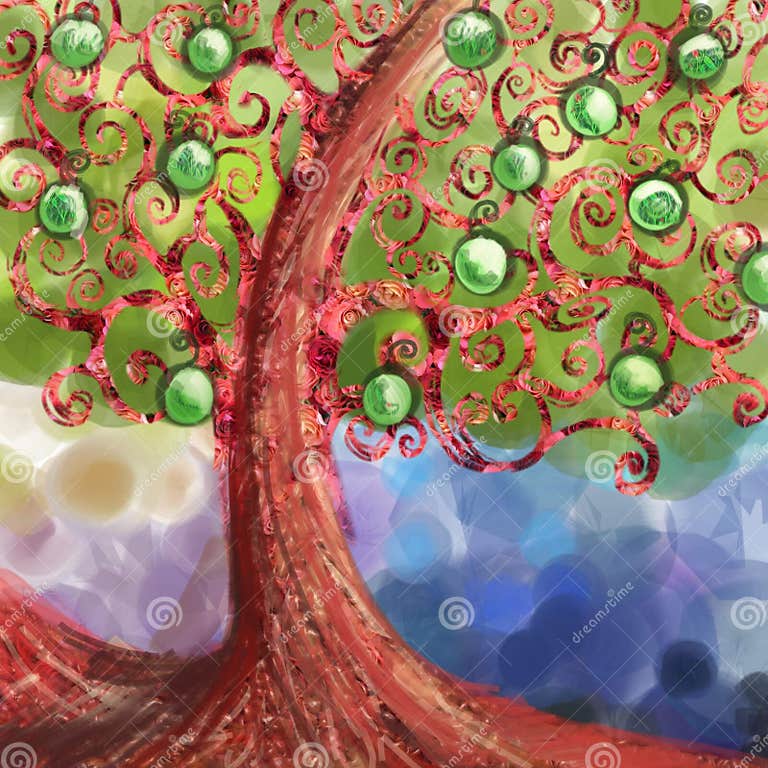 Abstract Tree with Spiral Branches and Apples Stock Illustration ...