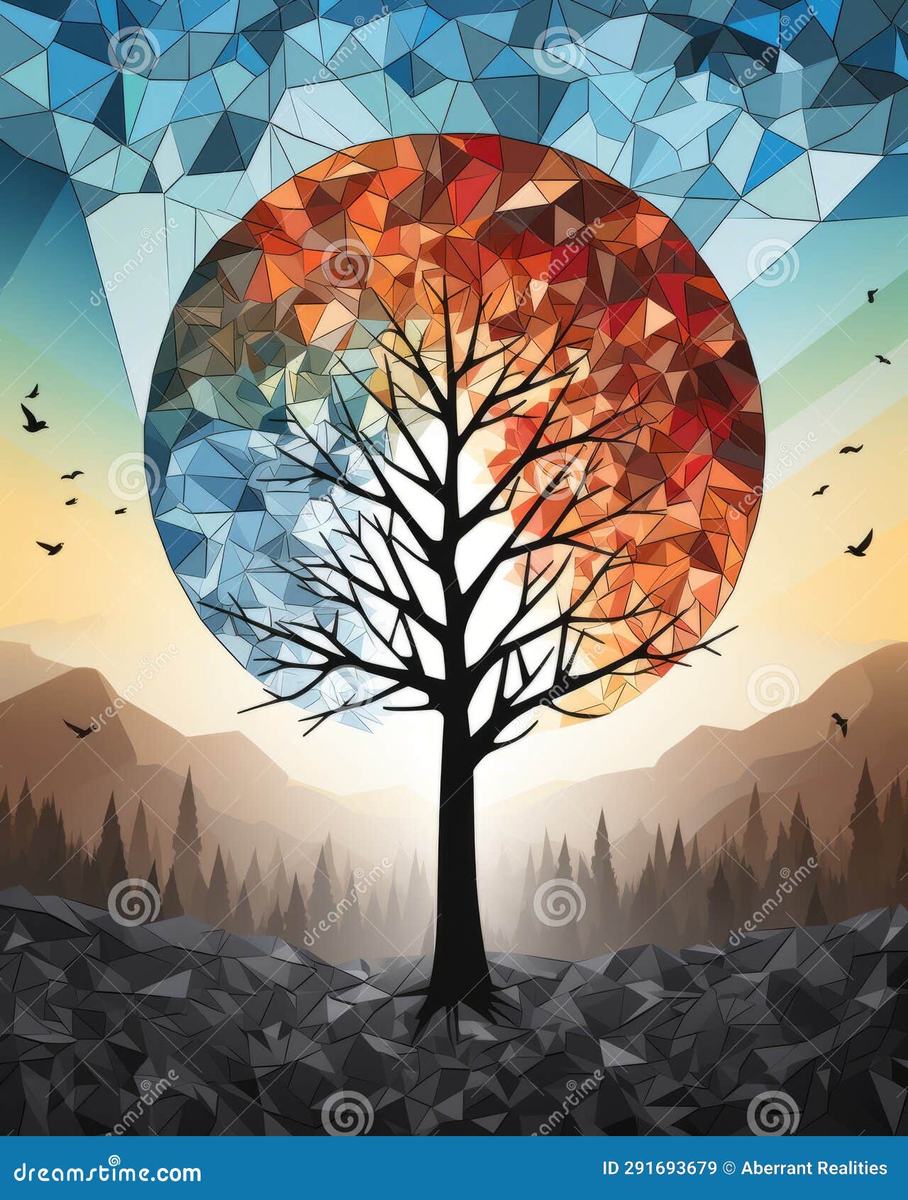 An Abstract Tree with the Sun and Moon in the Background Stock ...