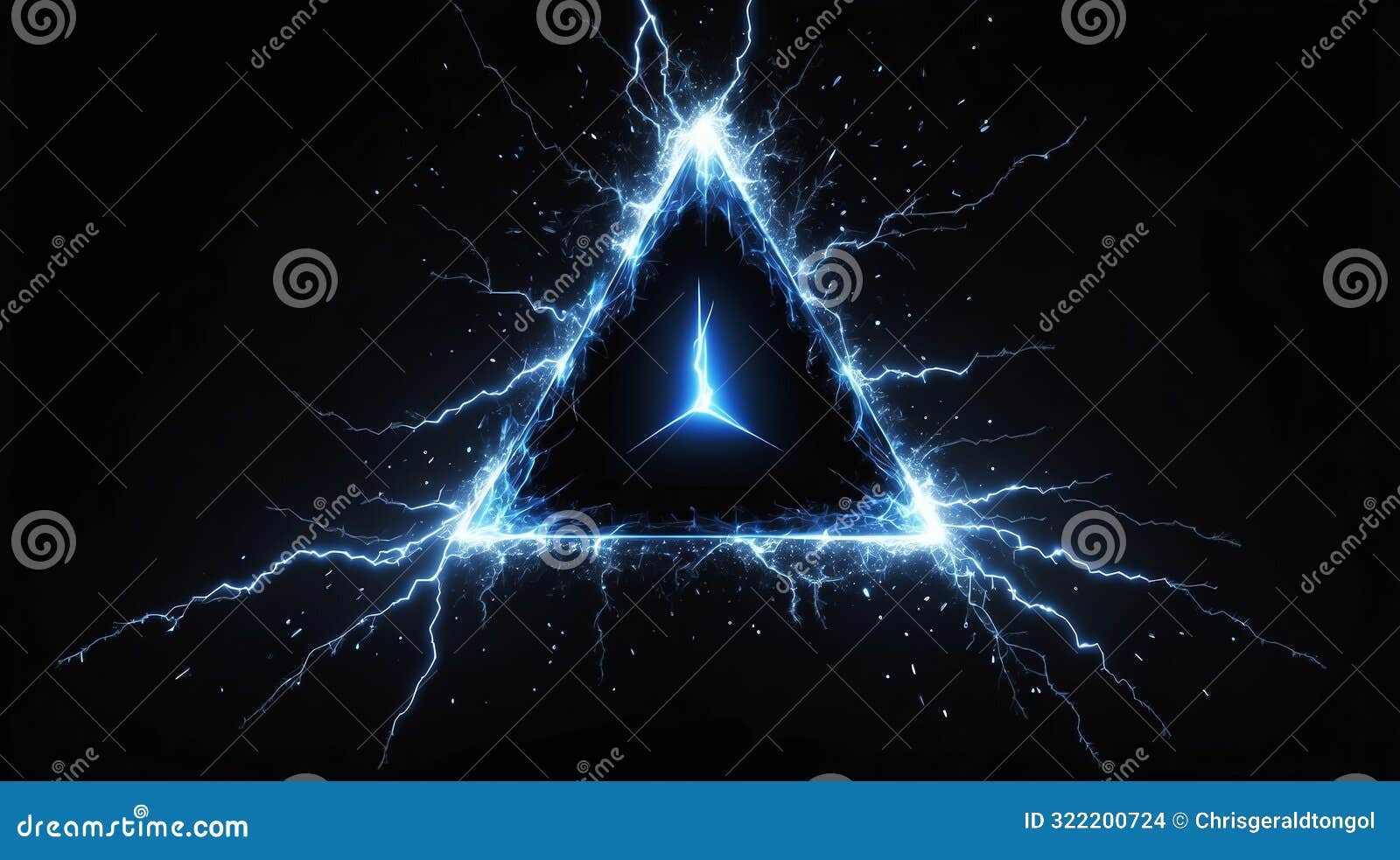 Abstract Triangle of Blue Glowing Light Particles with Lightning Sparks ...