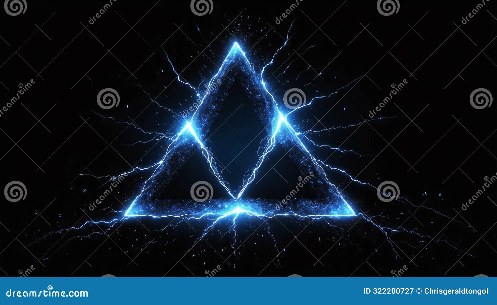 Abstract Triangle of Blue Glowing Light Particles with Lightning Sparks ...