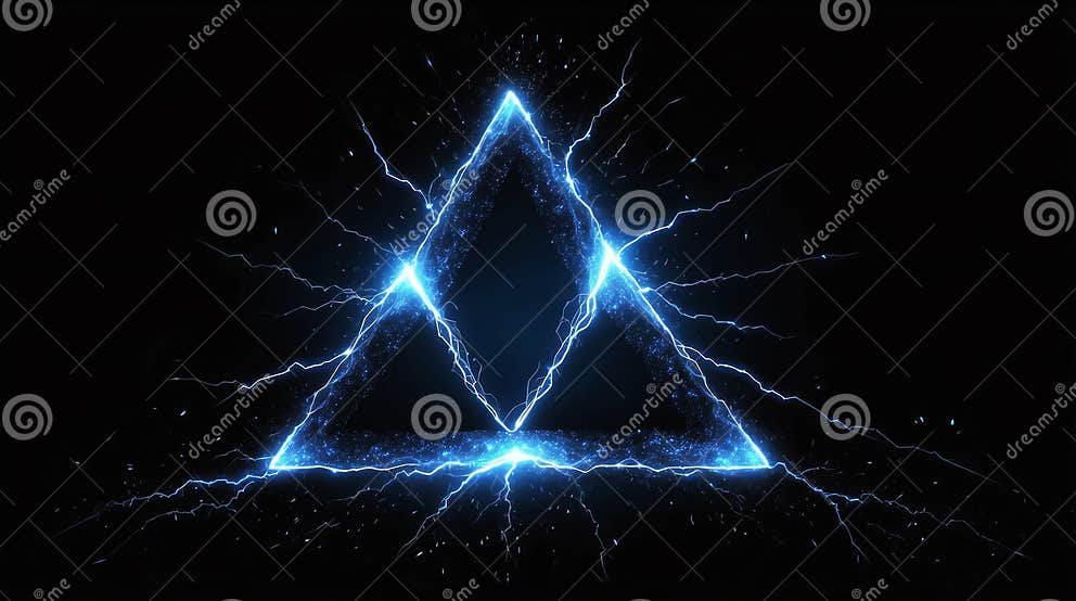 Abstract Triangle of Blue Glowing Light Particles with Lightning Sparks ...