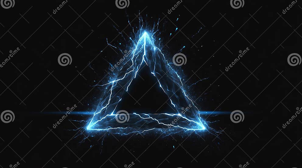 Abstract Triangle of Blue Glowing Light Particles with Lightning Sparks ...