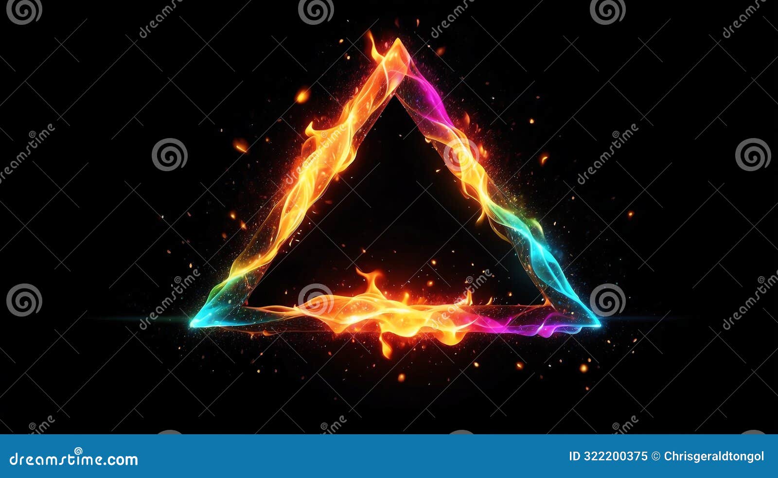 Abstract Triangle of Colorful Glowing Light Particles with Fire Flame ...