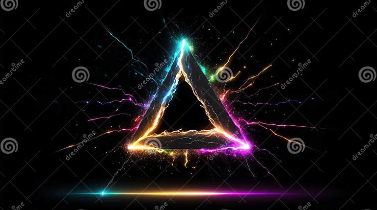 Abstract Triangle of Colorful Glowing Light Particles with Lightning ...