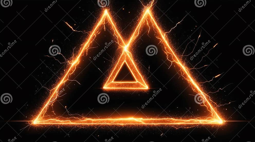 Abstract Triangle of Orange Glowing Light Particles with Lightning ...