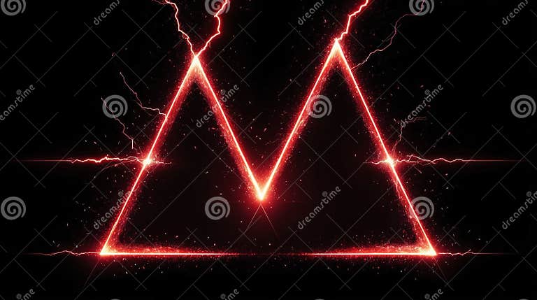 Abstract Triangle of Red Glowing Light Particles with Lightning Sparks ...