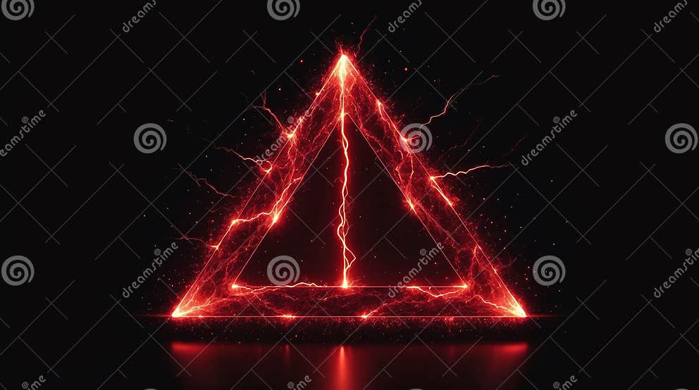 Abstract Triangle of Red Glowing Light Particles with Lightning Sparks ...