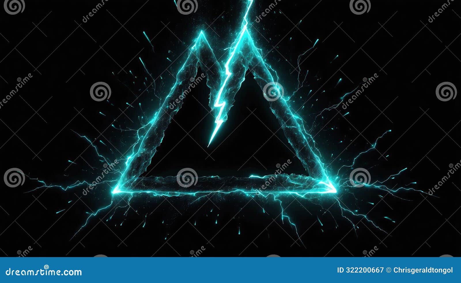Abstract Triangle of Teal Glowing Light Particles with Lightning Sparks ...
