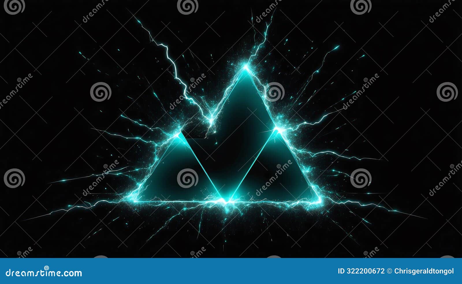 Abstract Triangle of Teal Glowing Light Particles with Lightning Sparks ...