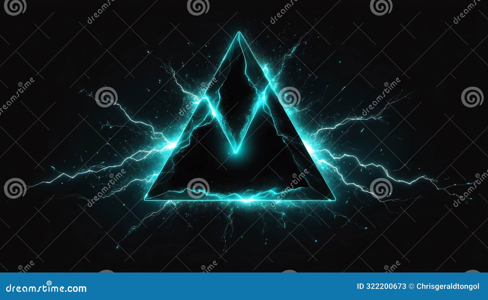 Abstract Triangle of Teal Glowing Light Particles with Lightning Sparks ...