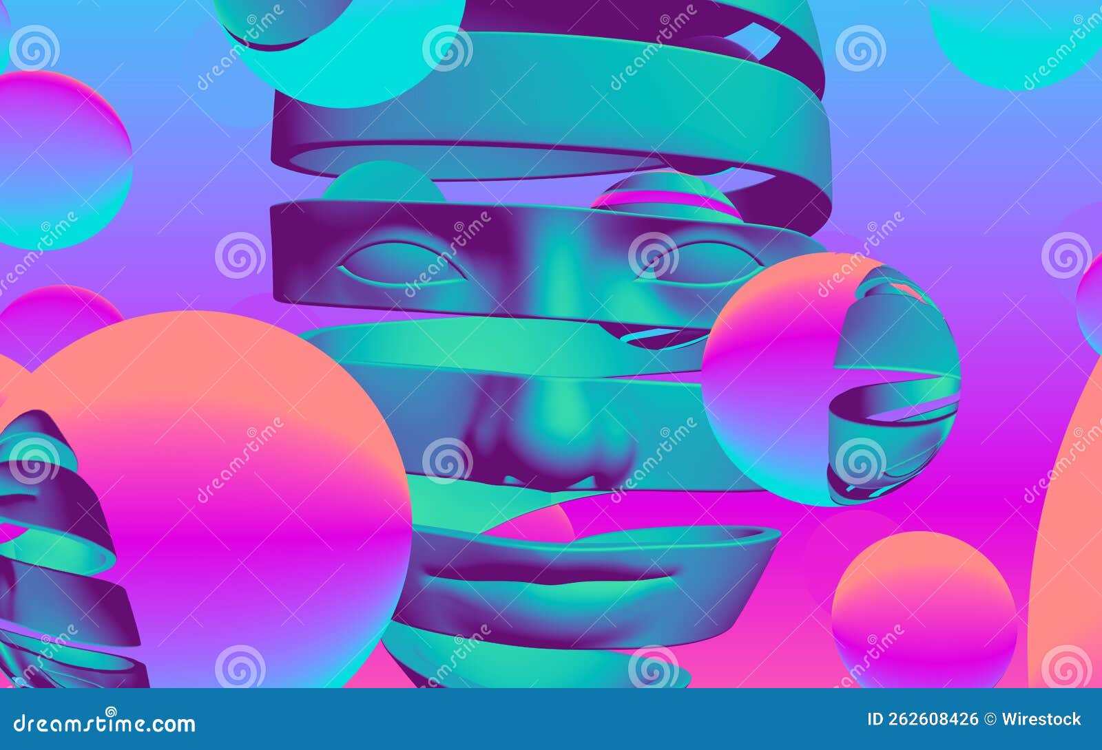 Abstract Trippy 3D Rendering of a Spiraling Human Face with Bubbles in ...