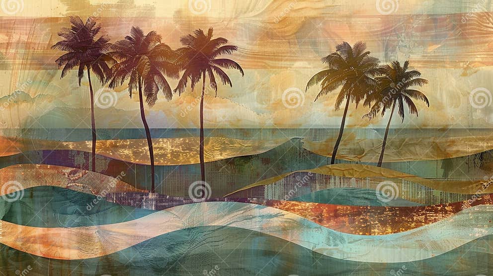 Abstract Tropical Sunset with Silhouetted Palm Trees and Wavy Patterns ...