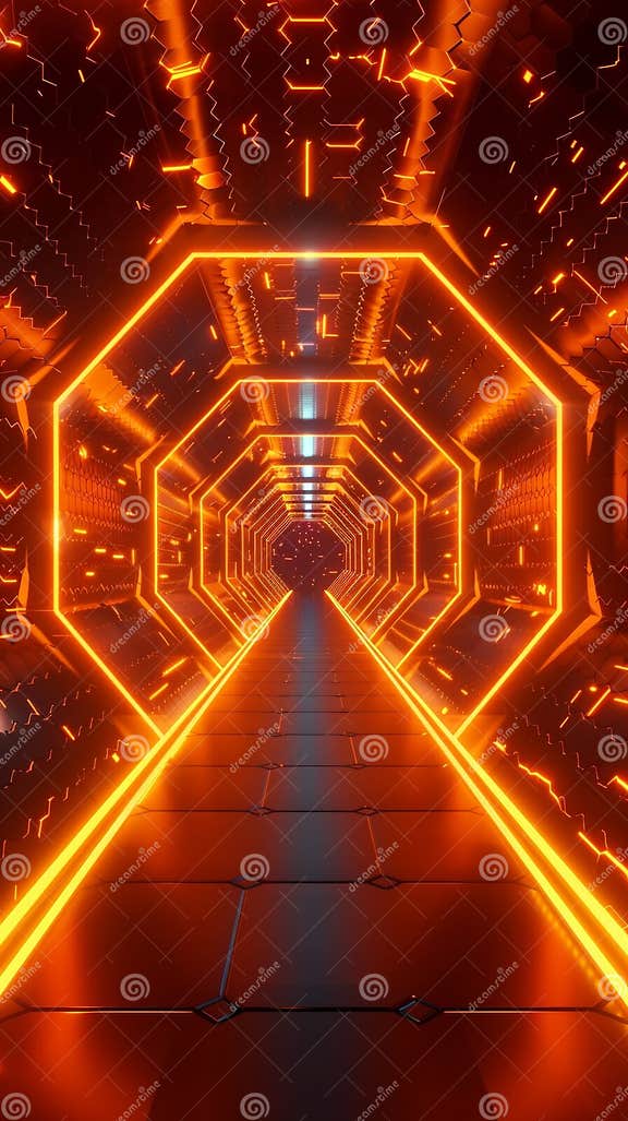 Abstract Tunnel with a Hexagonal Pattern and Bright Neon Lights, Giving ...