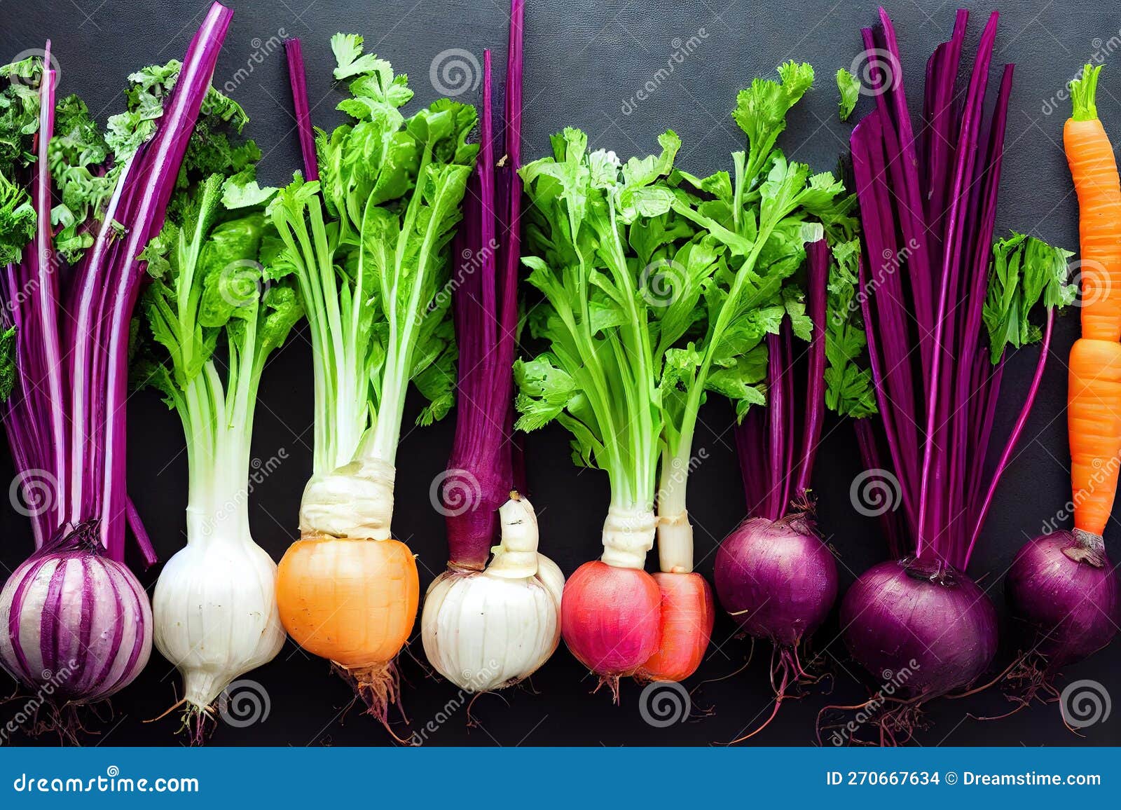 Abstract Various Colorful Root Vegetables with Leaves Background 3D ...