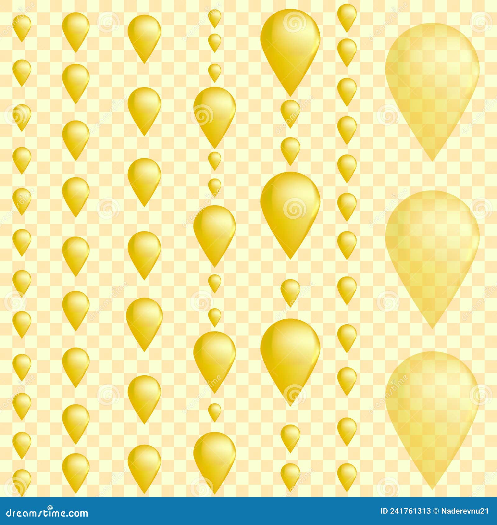 On a Transparent Background, Golden Raindrops of Various Sizes are ...