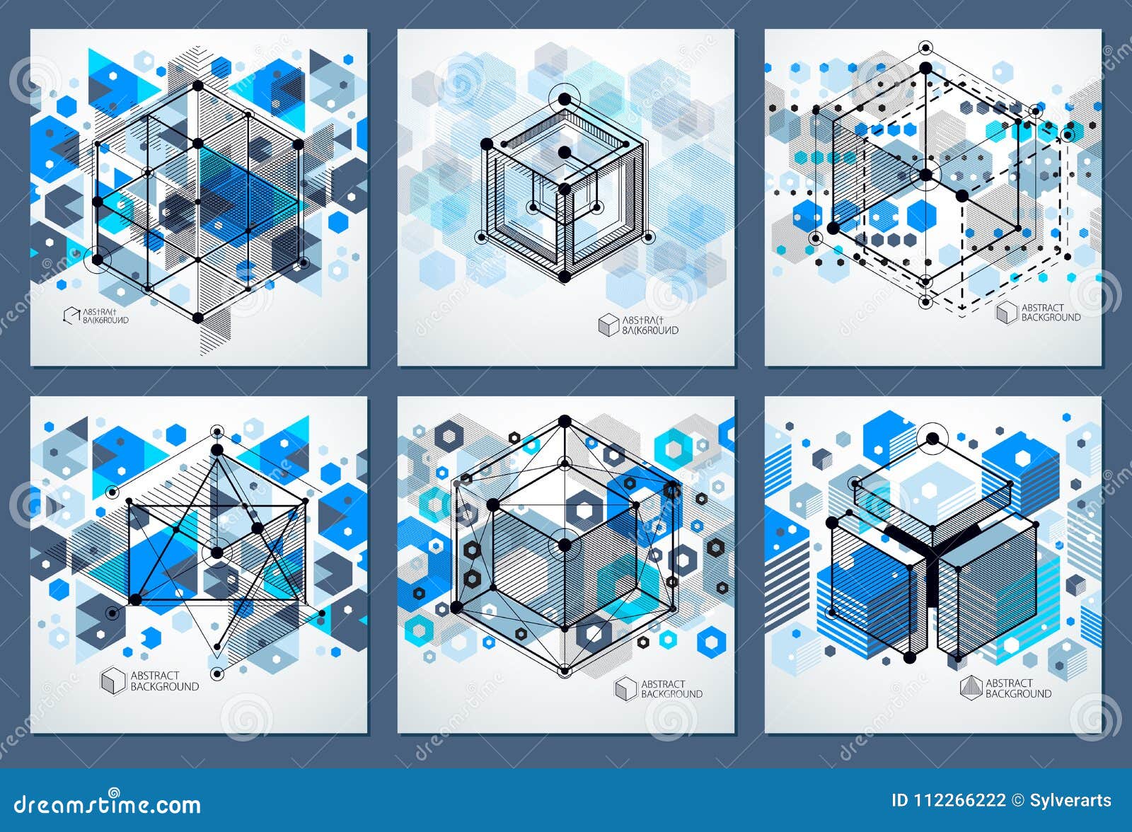 Abstract Vector Geometric Isometric Blue Backgrounds Set. Mechanical ...