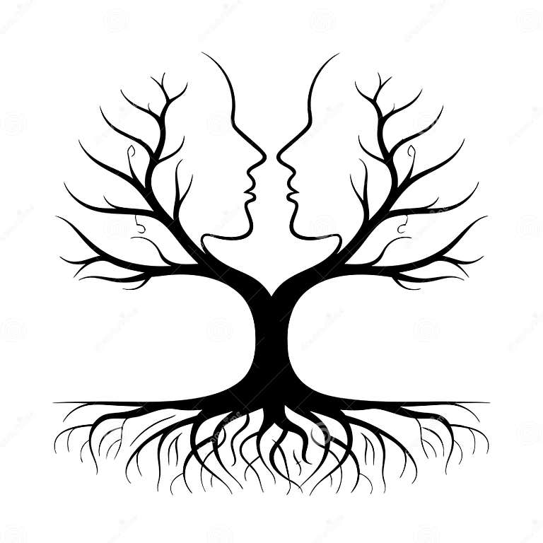 Abstract Tree Faces with Roots Symbolizing Connection and Growth Vector ...