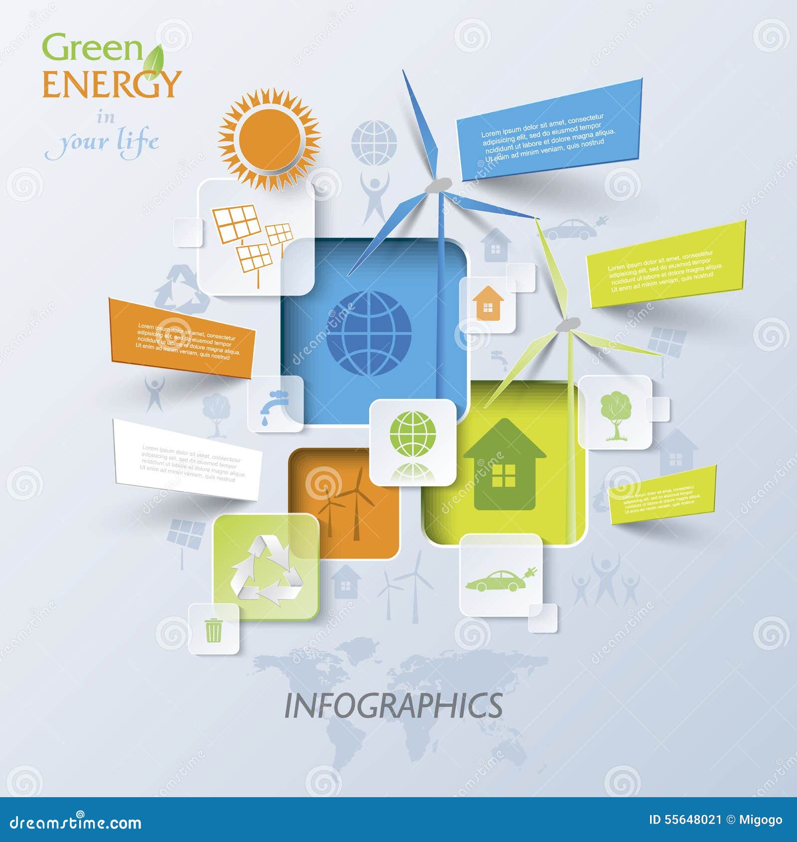Abstract Vector Infographic with Wind Turbines, Green Energy Stock ...