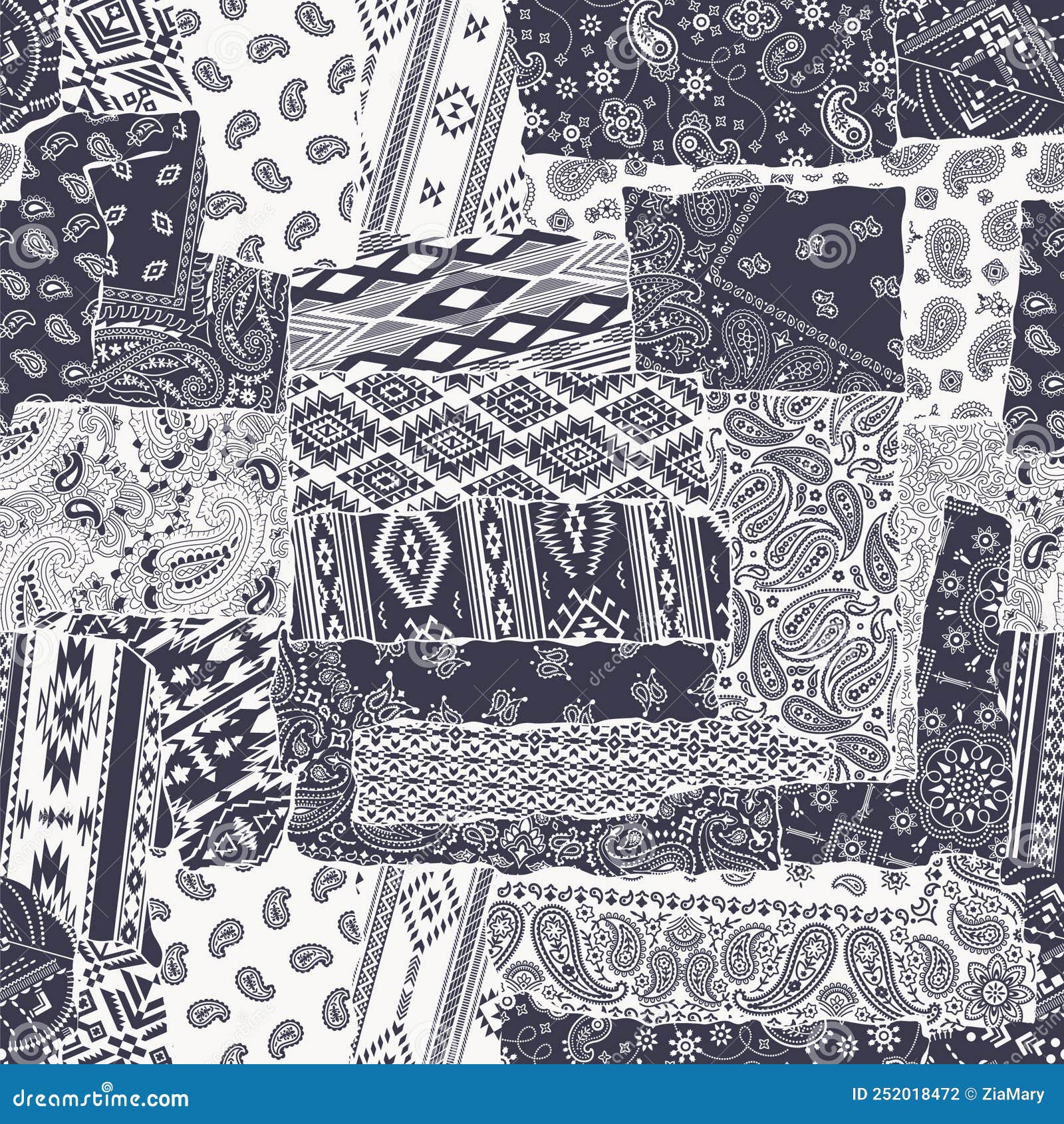 Bandana Paisley And Native American Traditional Fabric Patchwork Stock