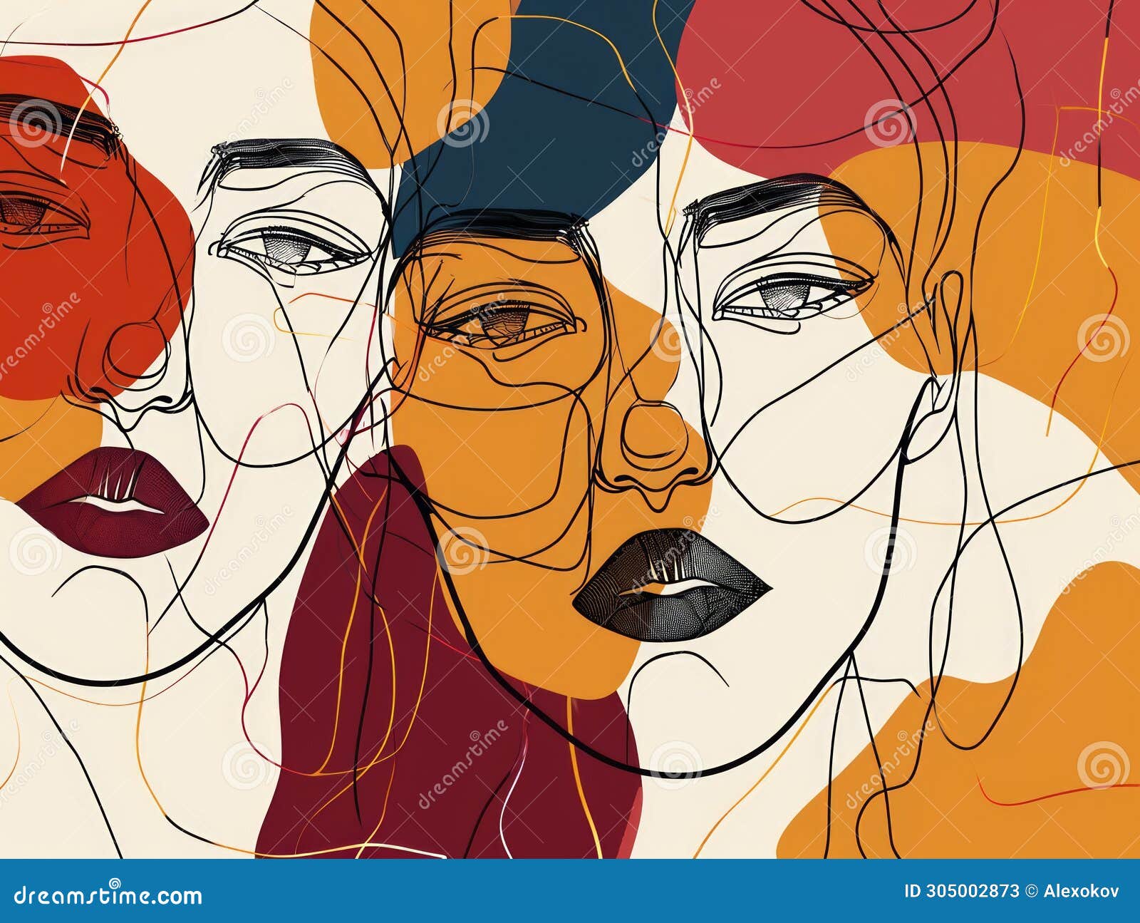 Abstract Vector Seamless Pattern with Faces of Women in Line Art Style ...