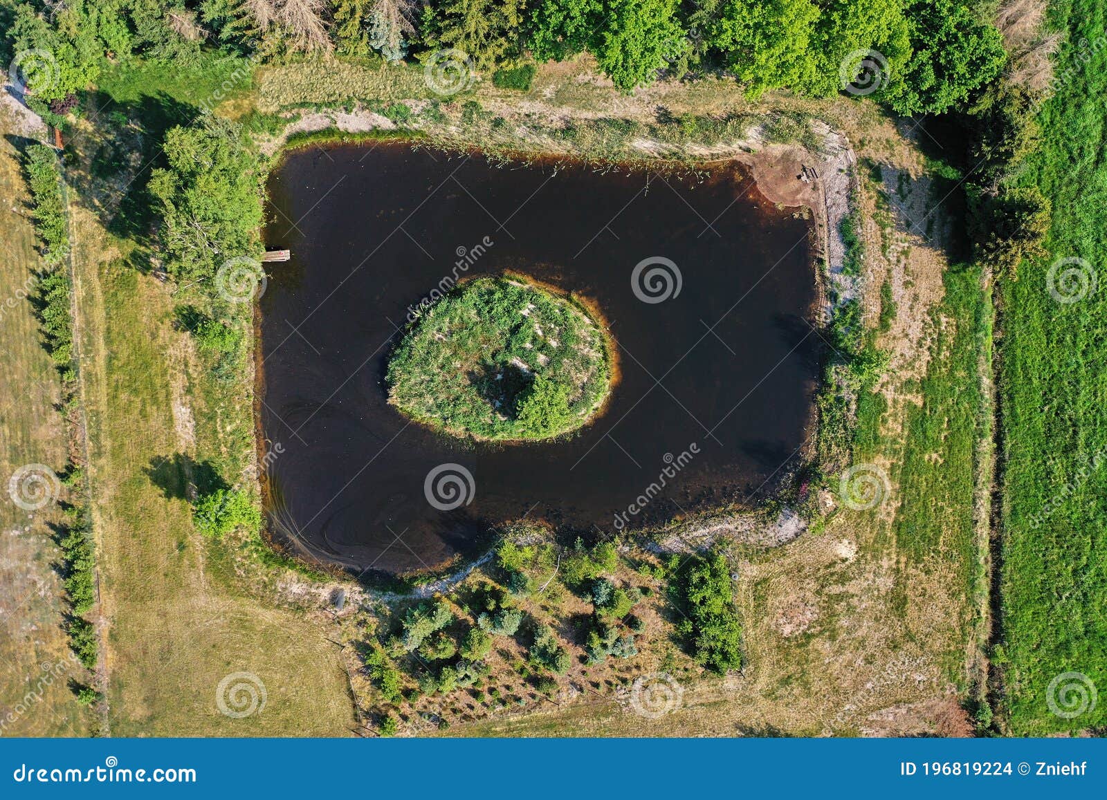 Abstract Vertical Aerial View of a Small Pond with a Tiny Round Island ...