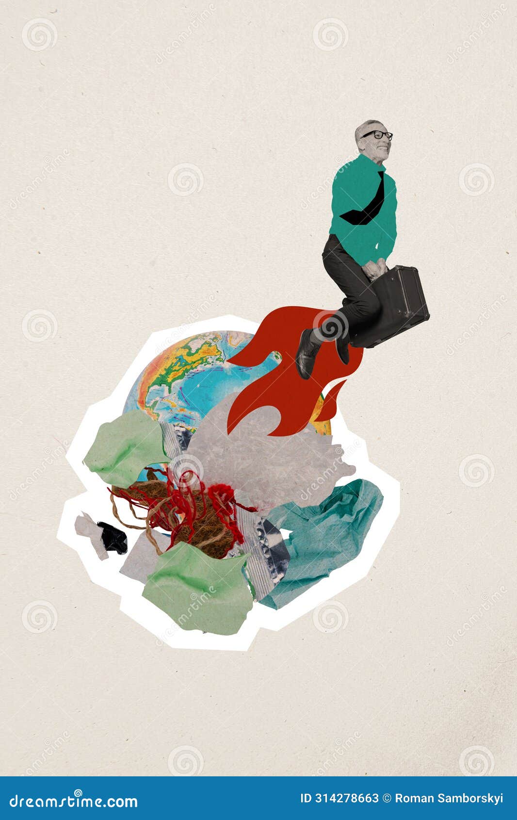 Abstract Vertical Collage Old Man Flying Over Garbage Irresponsible ...