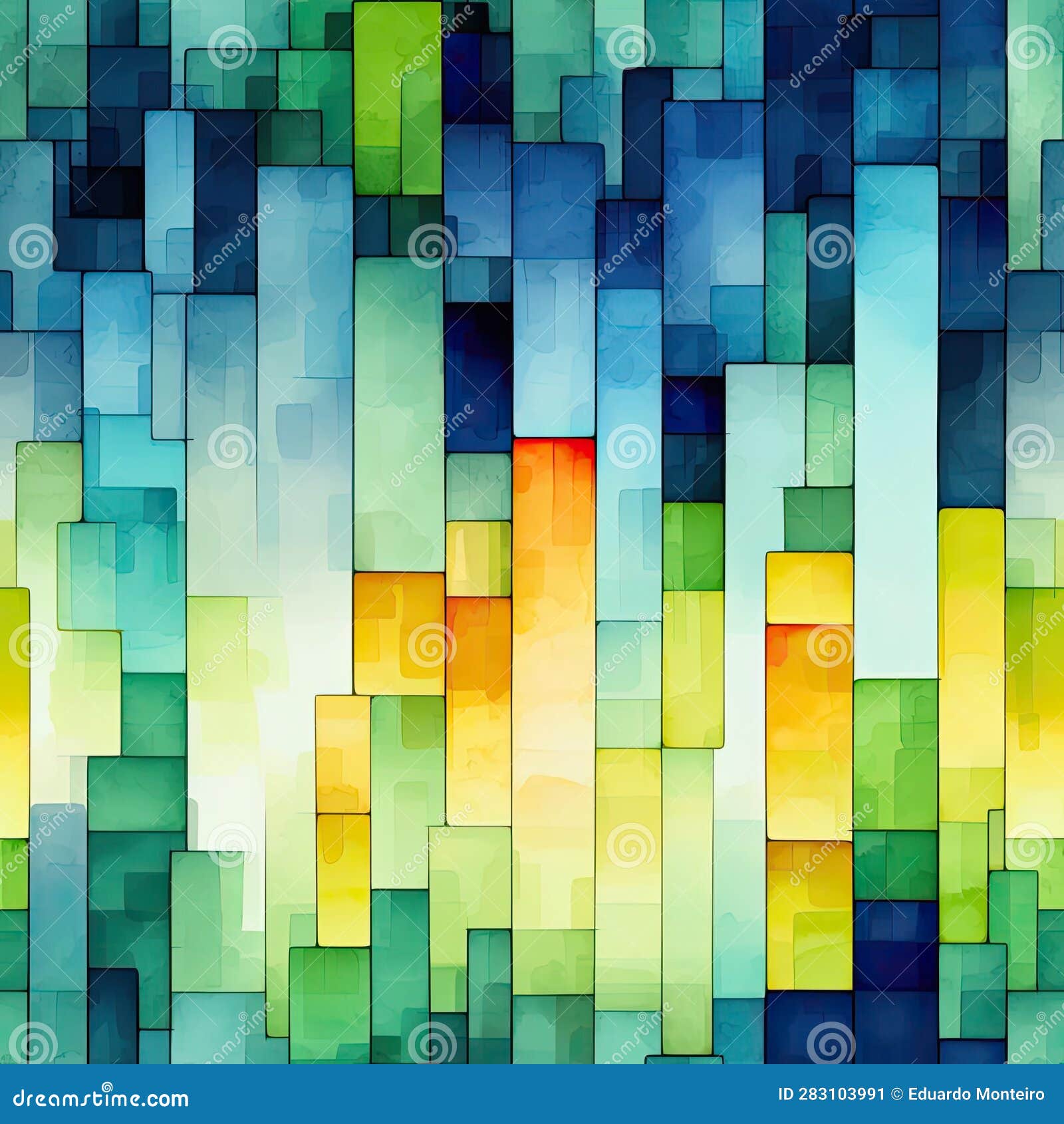 Abstract, Vibrant Square Pattern in Blue, Green, and Yellow (tiled ...