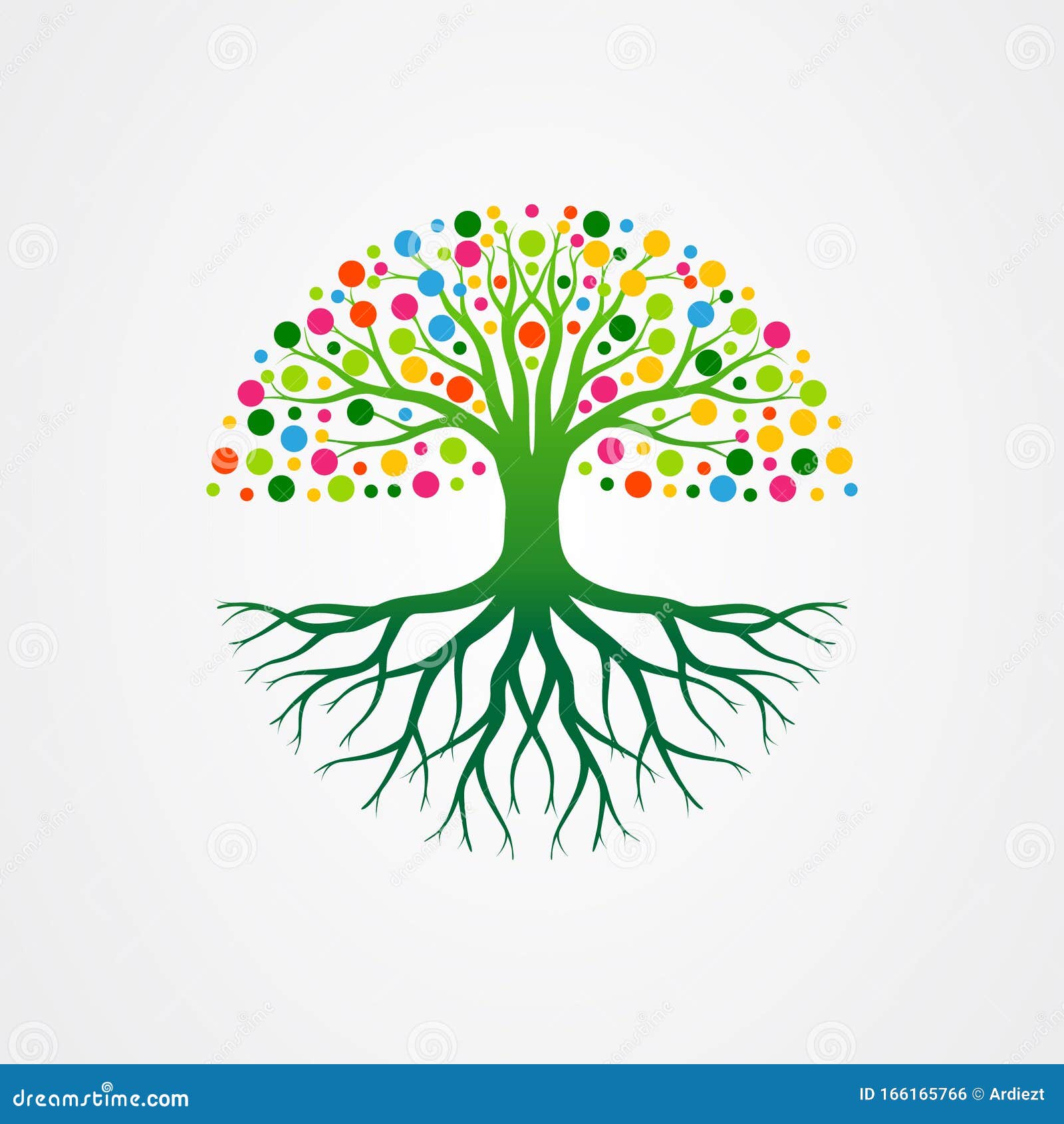 Abstract Vibrant Tree with Roots and Leaves Shaped Circle. Tree with ...