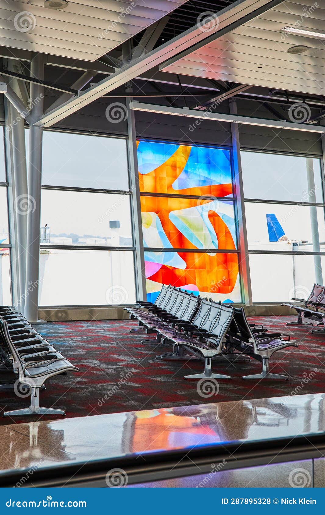 Abstract Vibrant Window Art in Empty Airport Terminal with Seats Stock ...