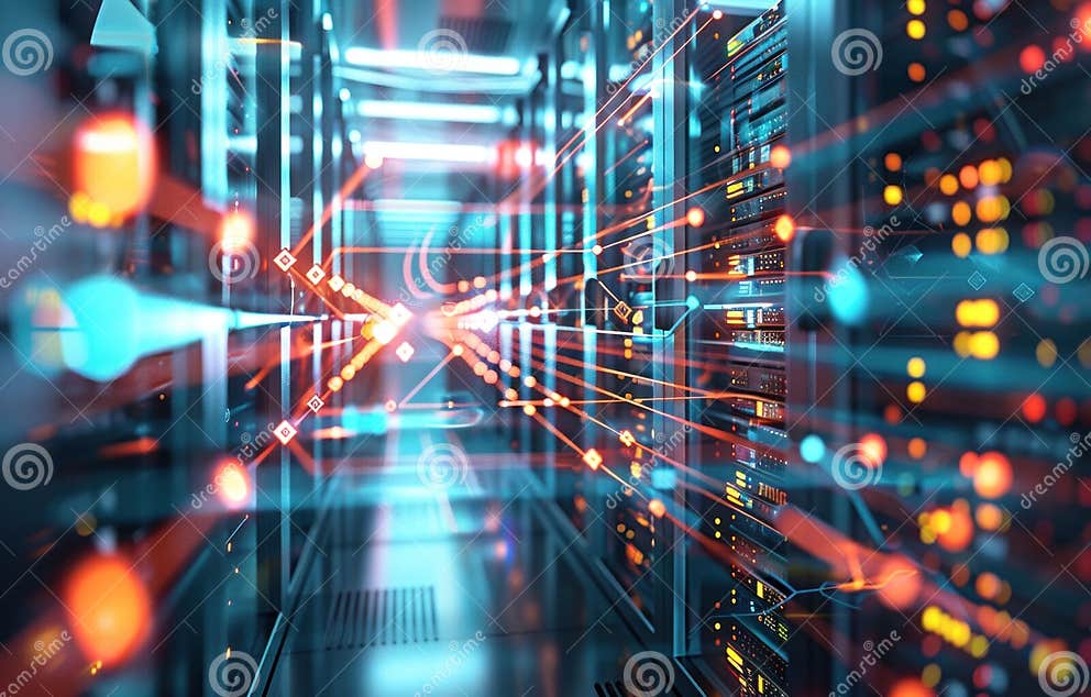 Abstract View of a Data Center with Glowing Server Racks and Flowing ...