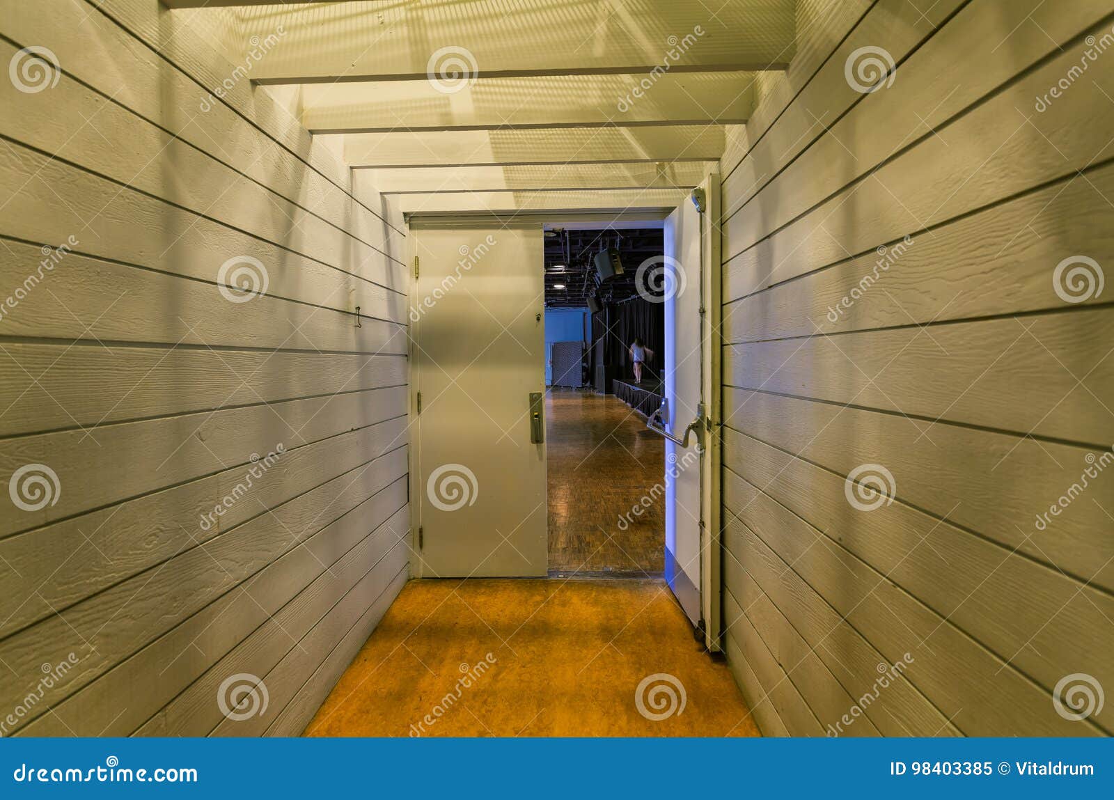 Abstract View of Interior Corridor with Lights and Open Doors Stock ...