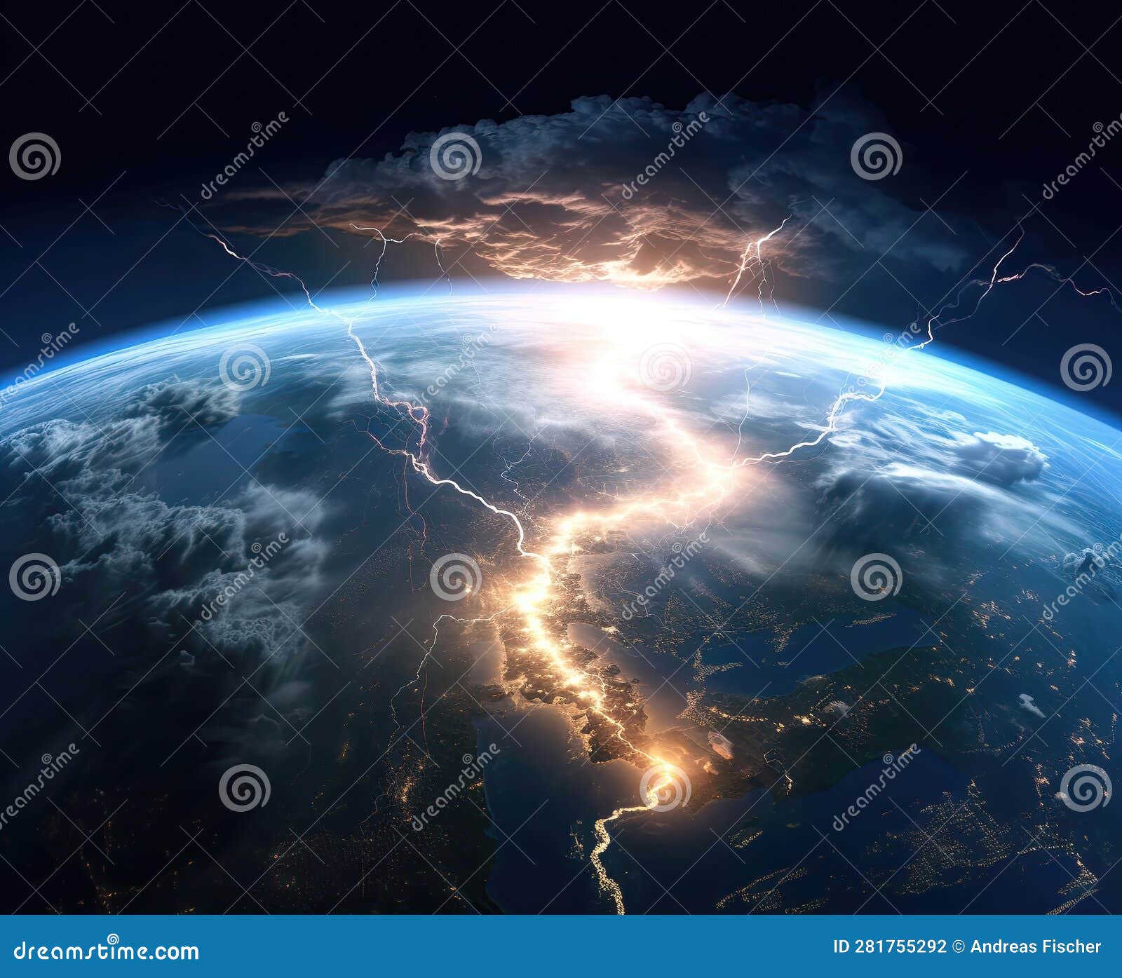 Abstract View of the Planet Earth in Outer Space with Lightning Strikes ...