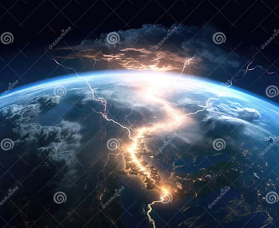 Abstract View of the Planet Earth in Outer Space with Lightning Strikes ...