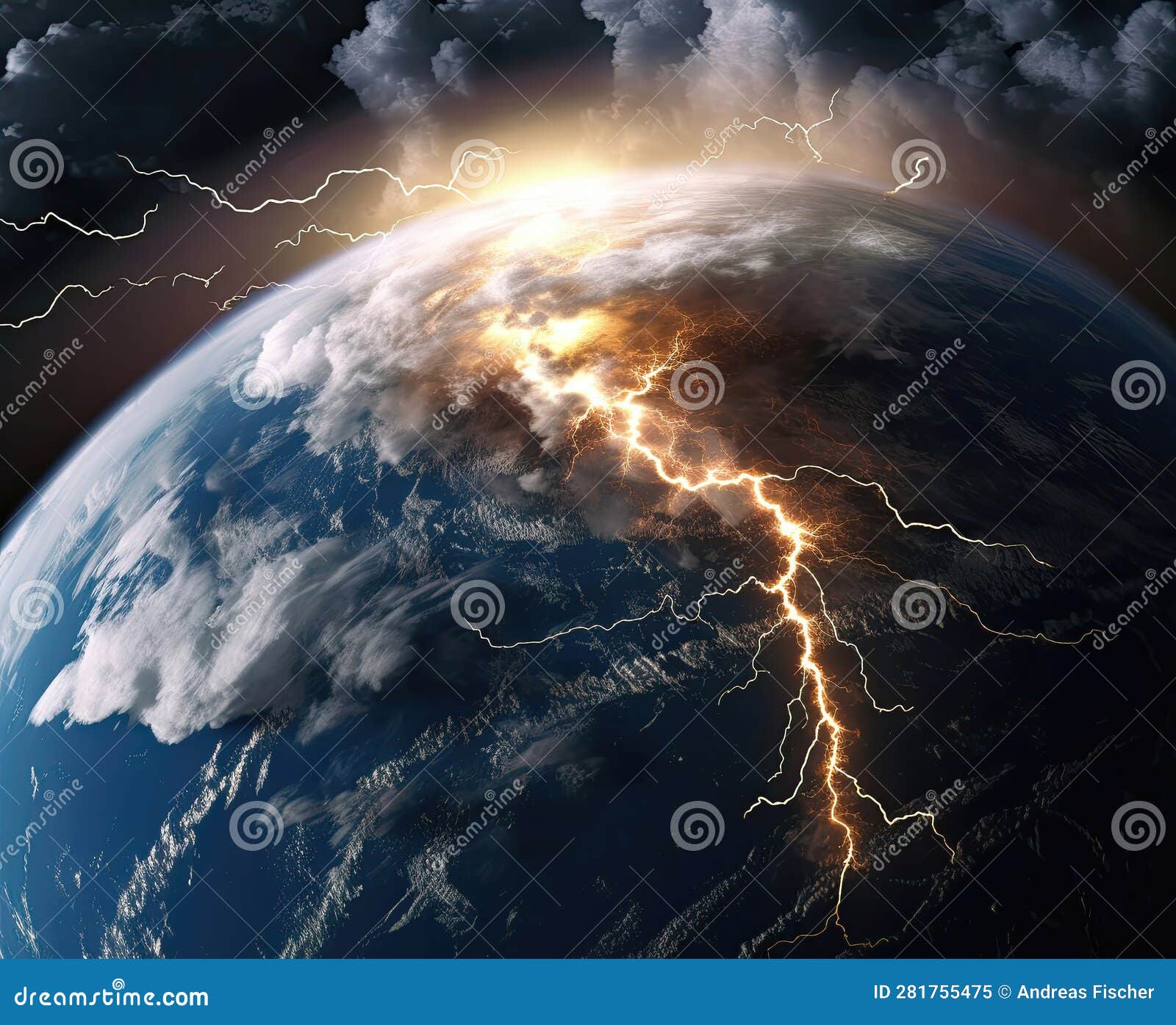 Abstract View of the Planet Earth in Outer Space with Lightning Strikes ...