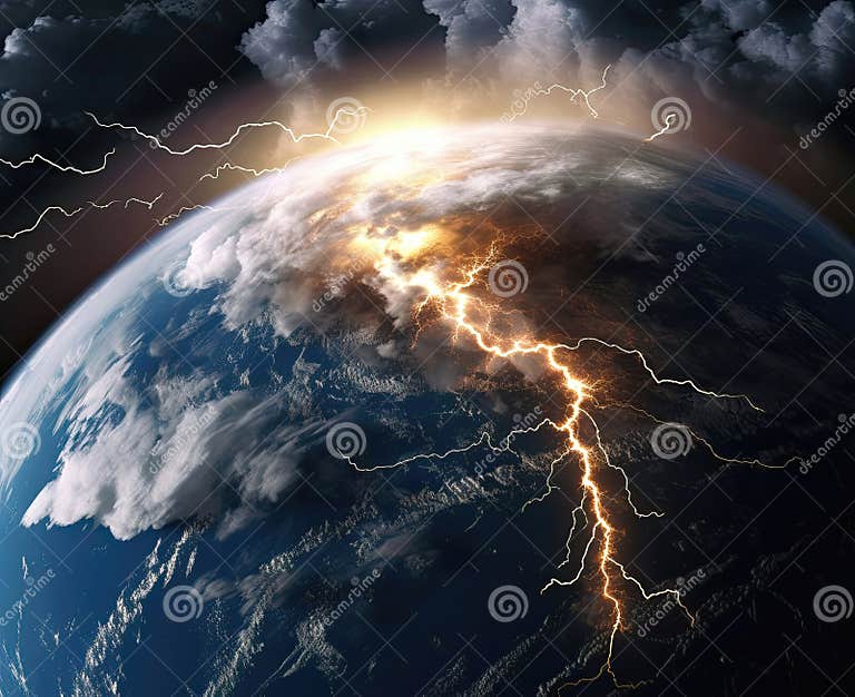 Abstract View of the Planet Earth in Outer Space with Lightning Strikes ...